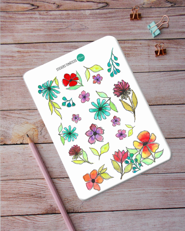 Plancha de Stickers temáticos - Flores a color - Mar Papelería