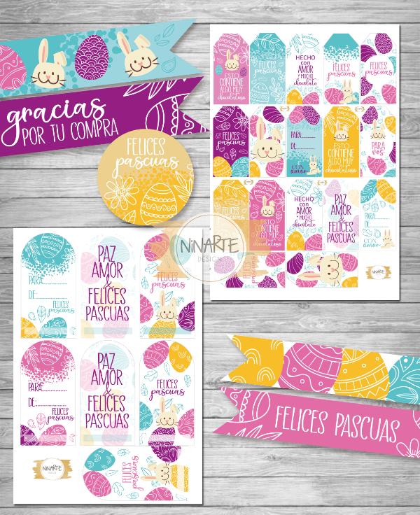 KIT IMPRIMIBLE ETIQUETAS FELICES PASCUAS ORNAMENTAL - NINARTE