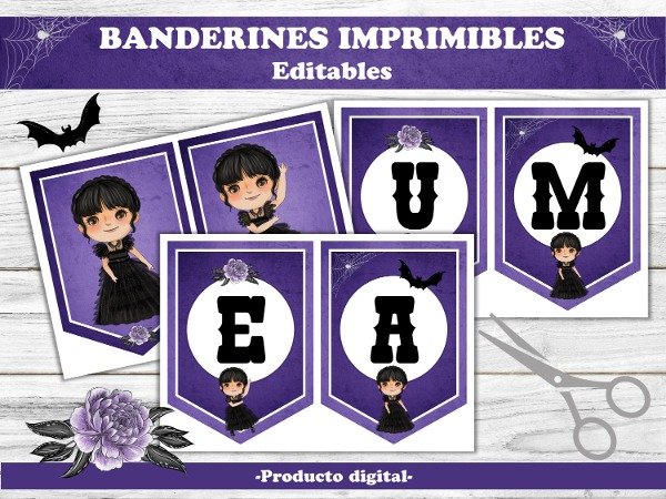 Banderín Imprimible Merlina Animada Editable - Wook Imprimibles