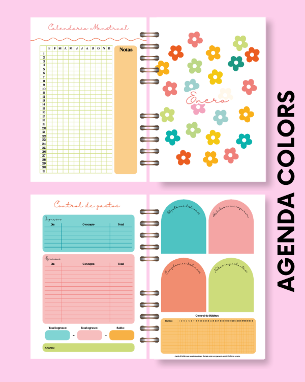 AGENDA COLORS - semanal, 2 días y diaria 2026 - Me Gusta Cuadernos