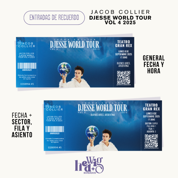 Entradas de recuerdo 14x6 - JACOB COLLIER Gran Rex - hedwigbordados