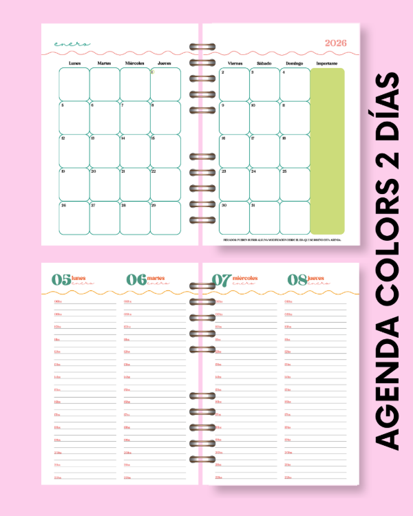 AGENDA COLORS - semanal, 2 días y diaria 2026 - Me Gusta Cuadernos