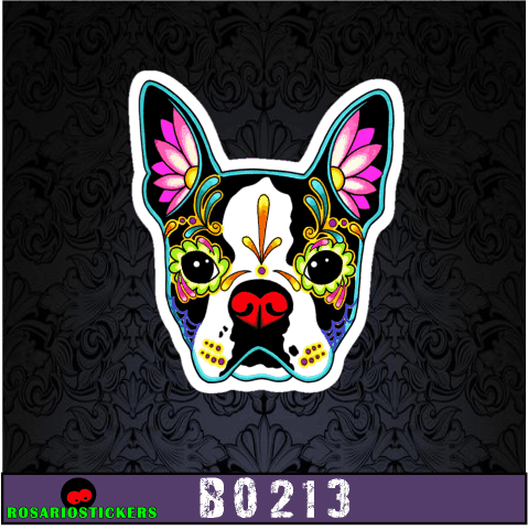 B0213 - Cara de perrito con flores Bulldog frances - RosarioStickers
