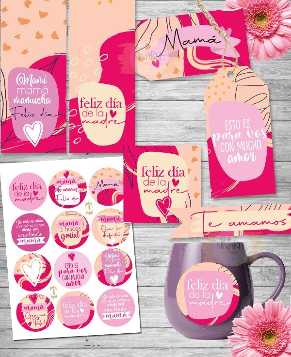 COMBO KIT IMPRIMIBLE ETIQUETAS DIA DE LA MADRE ABSTRACTO FUCSIA ...