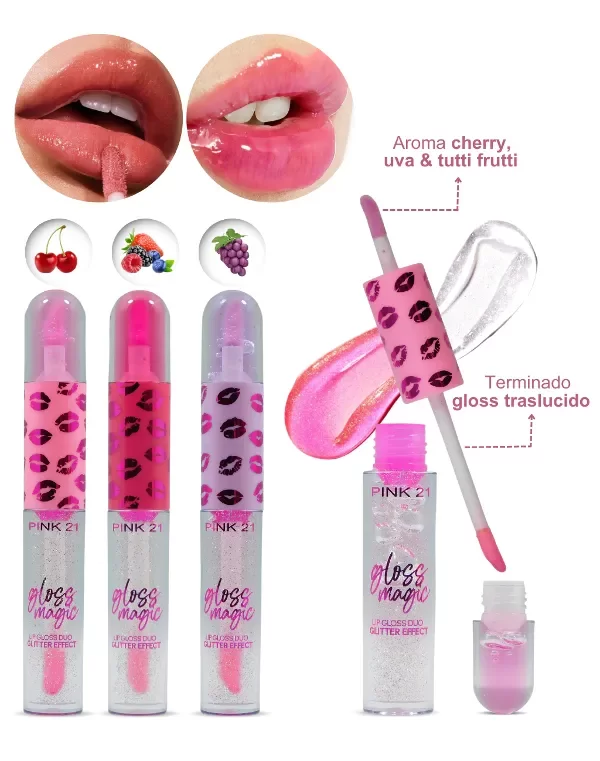 BRILLO LABIAL DUO SABOR FRUTAL + GLITTER PINK 21 - Importador Makeup Star