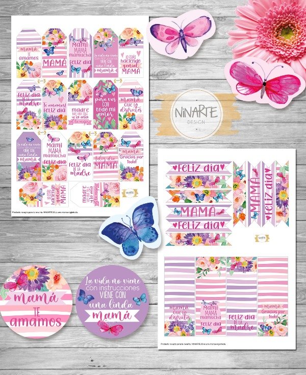 KIT IMPRIMIBLE ETIQUETAS DIA DE LA MADRE MARIPOSAS - NINARTE